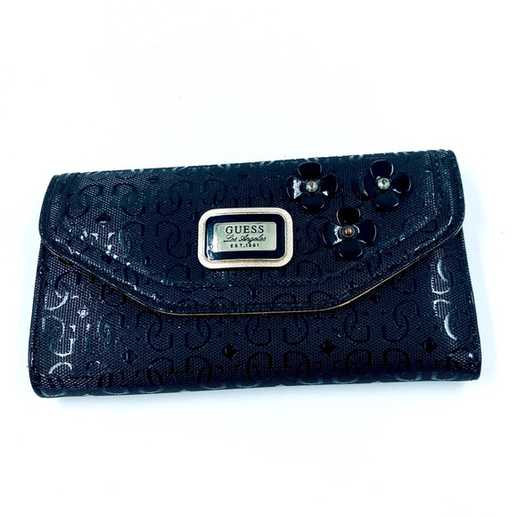 Guess | Bags | Guess Embossed Monogram Patent Trifold Wallet Black ...